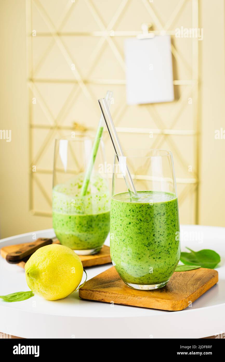 Healthy green smoothie, spinach, lemon. Super food, detox and healthy ...