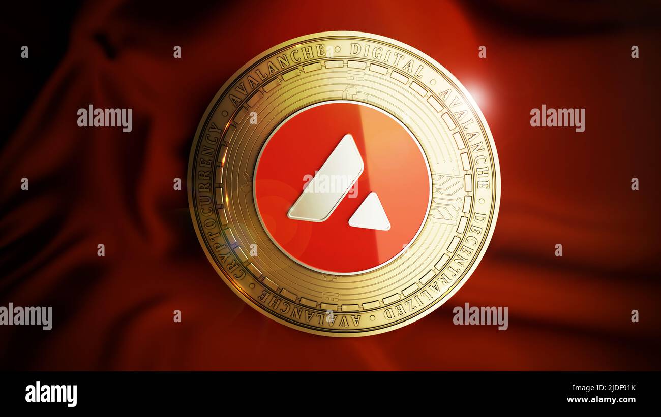 Avalanche coin on the red sateen background. Decentralized digital ...