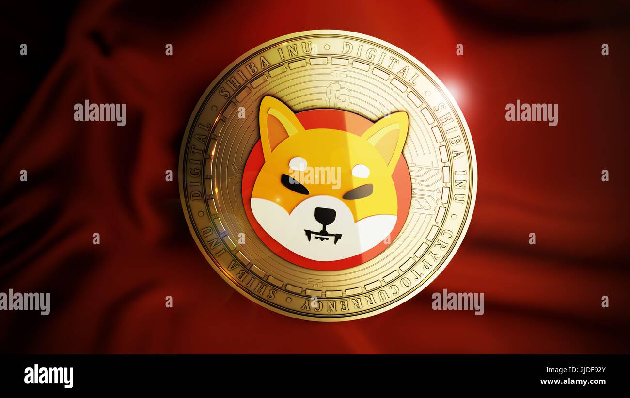Shiba Inu coin on the red sateen background. Decentralized digital ...