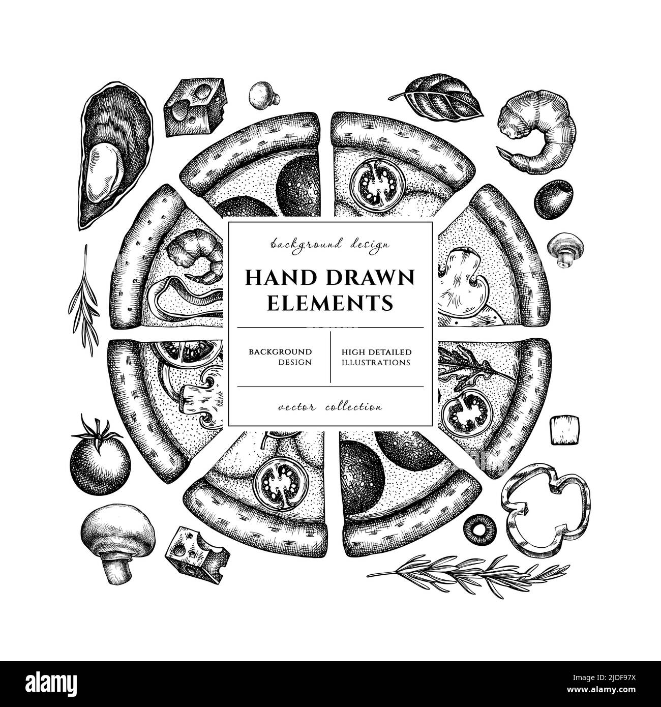 Pizza square card or invitation design. Frame design with greek ...