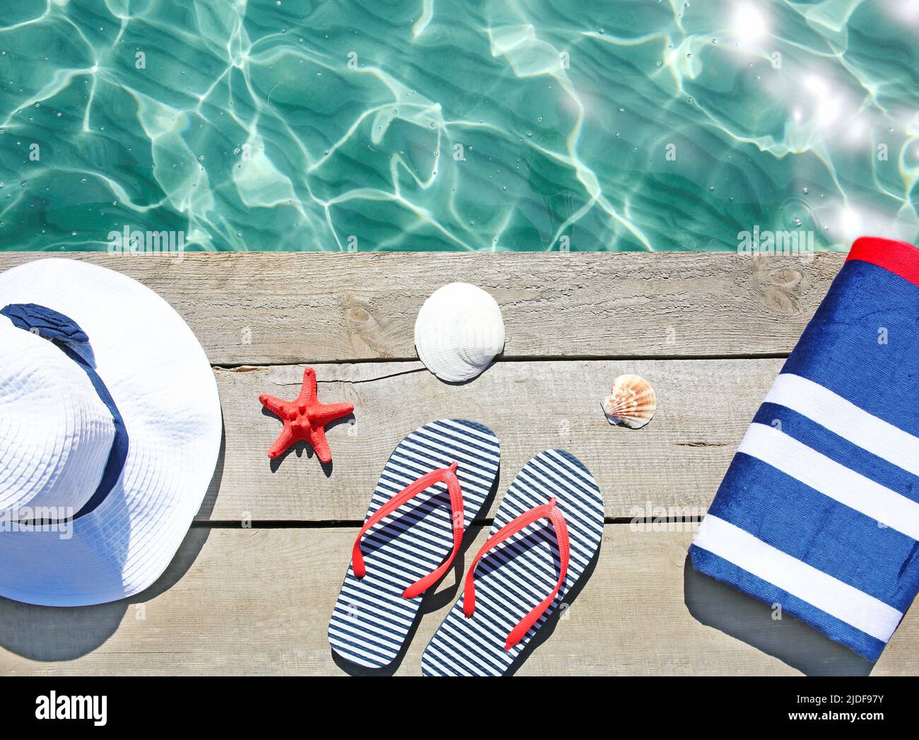 Summer beach objects,pool deck.Resort vocations concept background ...