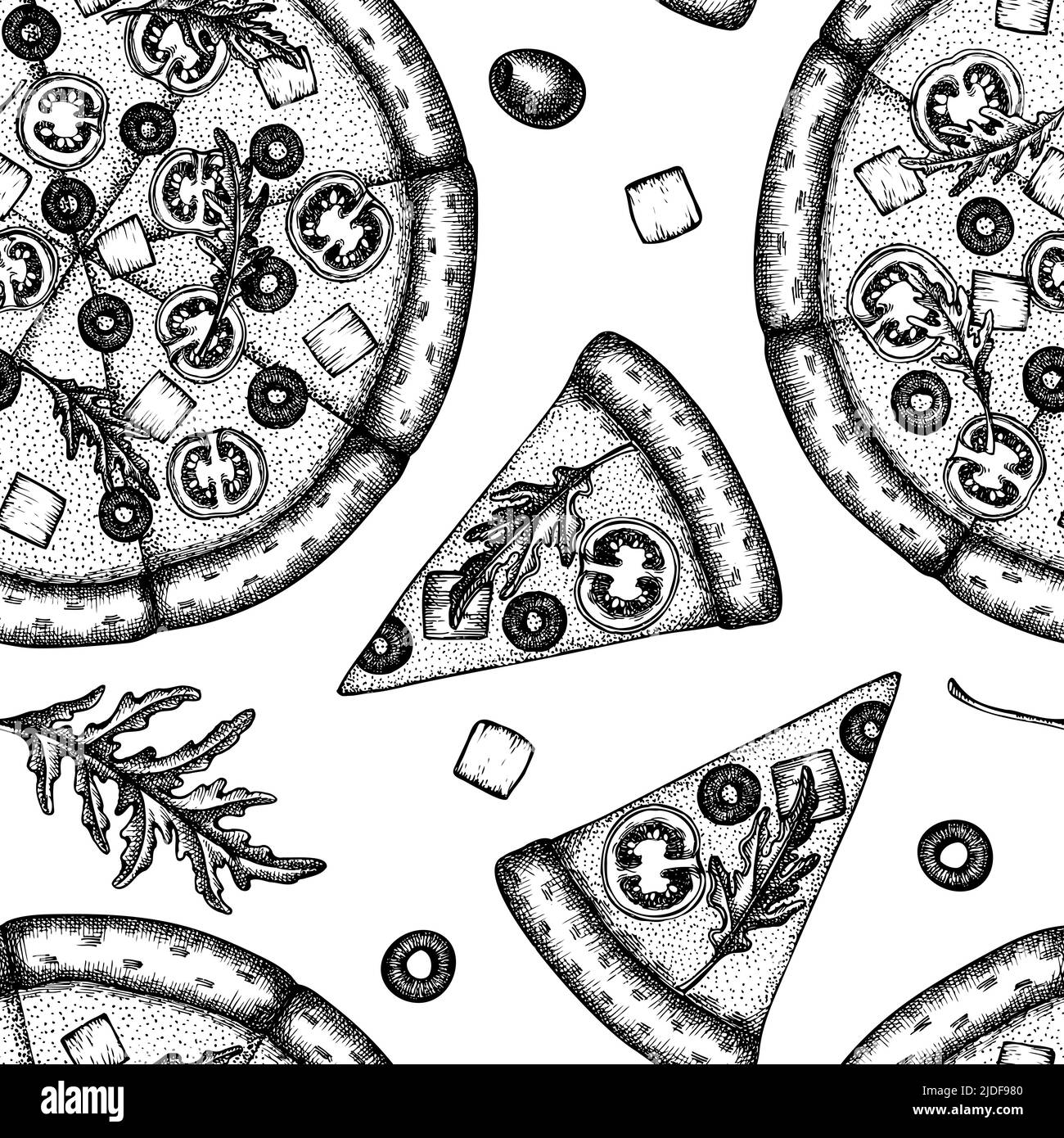 Pizza seamless pattern background design. Engraved style. Hand drawn ...