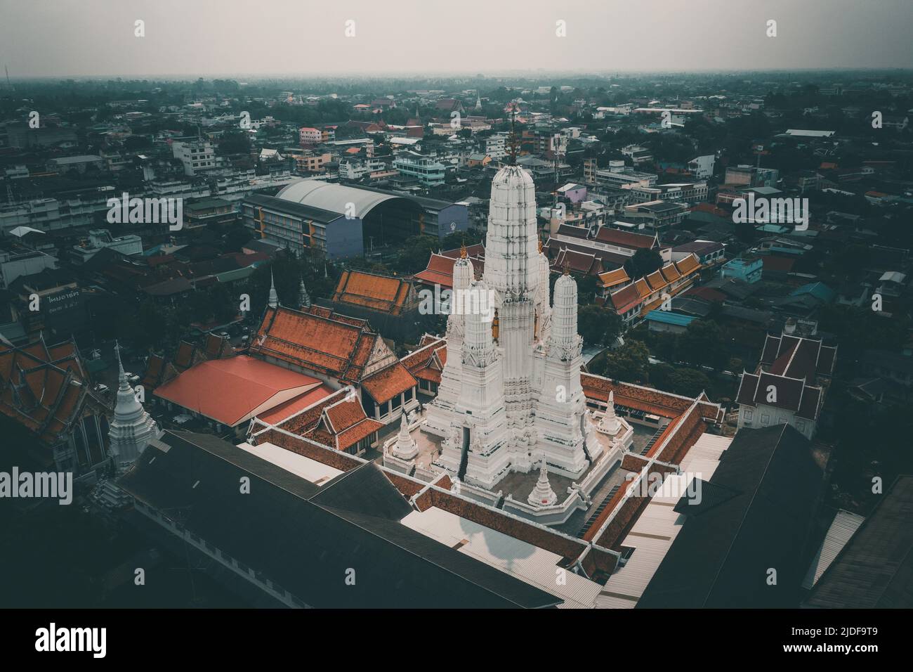 Aerial view of Wat Mahathat Worawihan, temple in Phetchaburi, Thailand ...