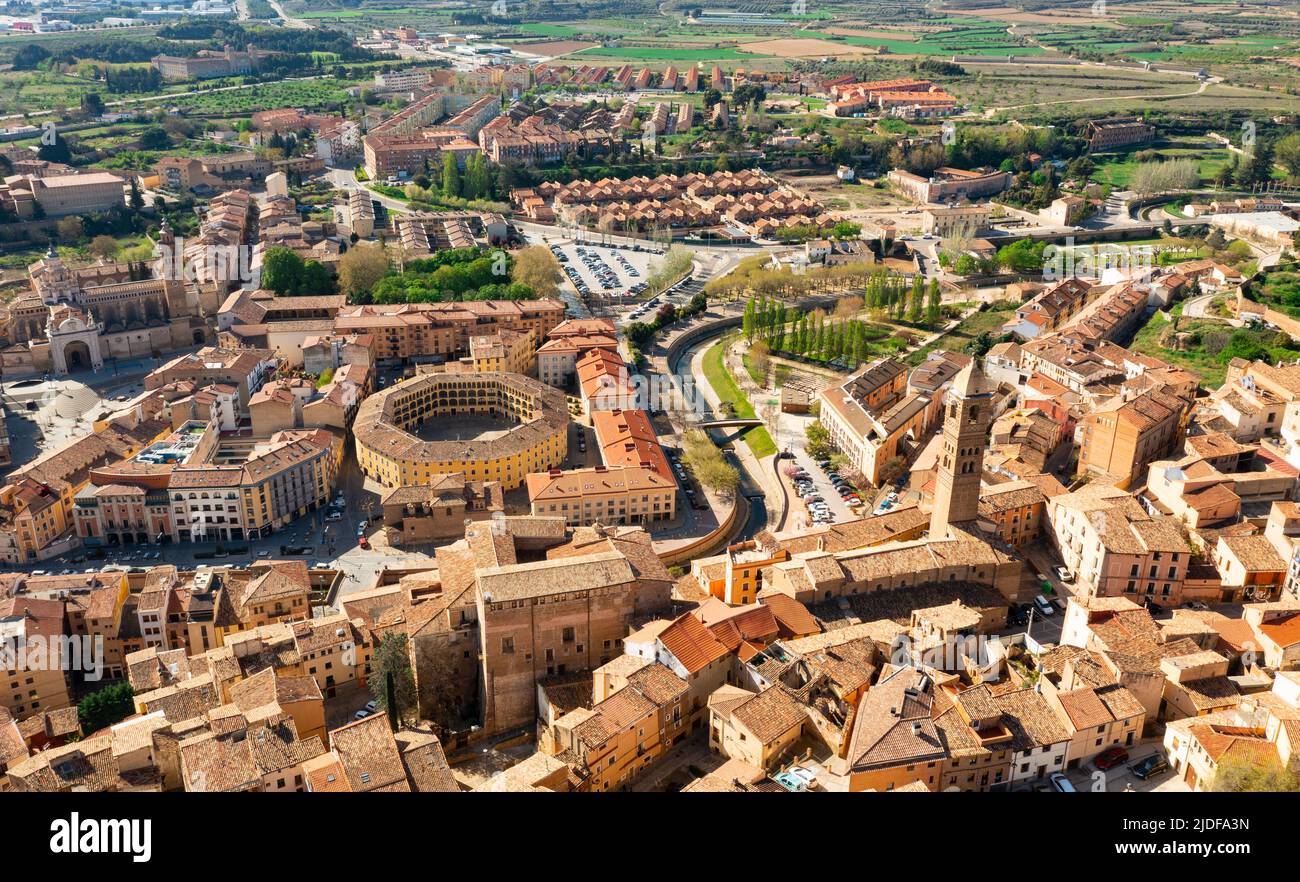 Aerial view of Tarazona on Queiles river with bullring and bell tower ...