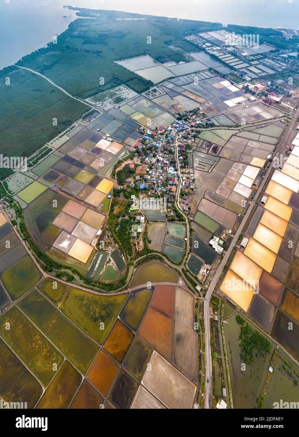 Aerial view of Salt Farms in the village of Laem Phak Bia in ...