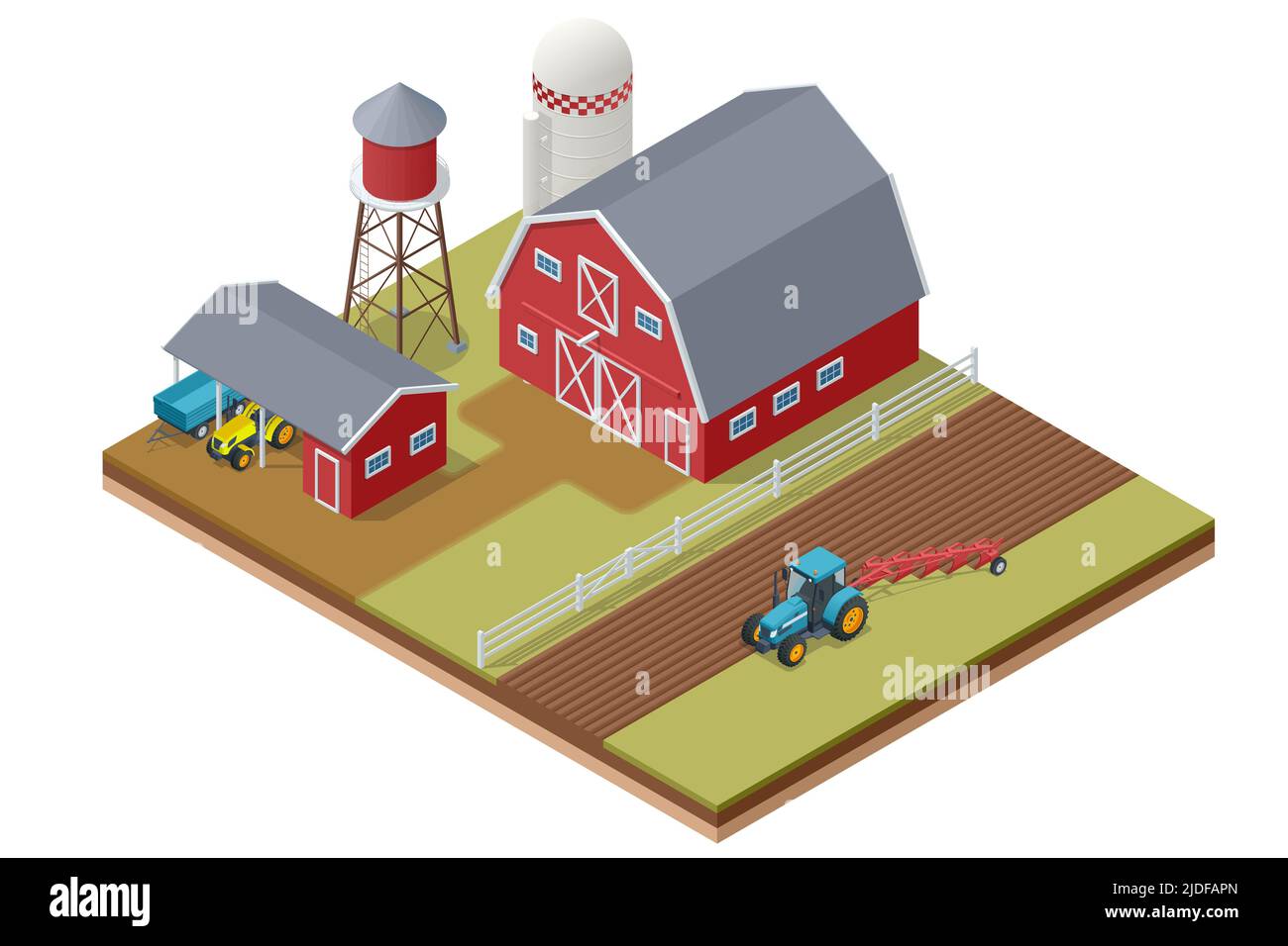 Isometric Farm building with agricultural tractor, cultivated fields. Agriculture wheat field ...