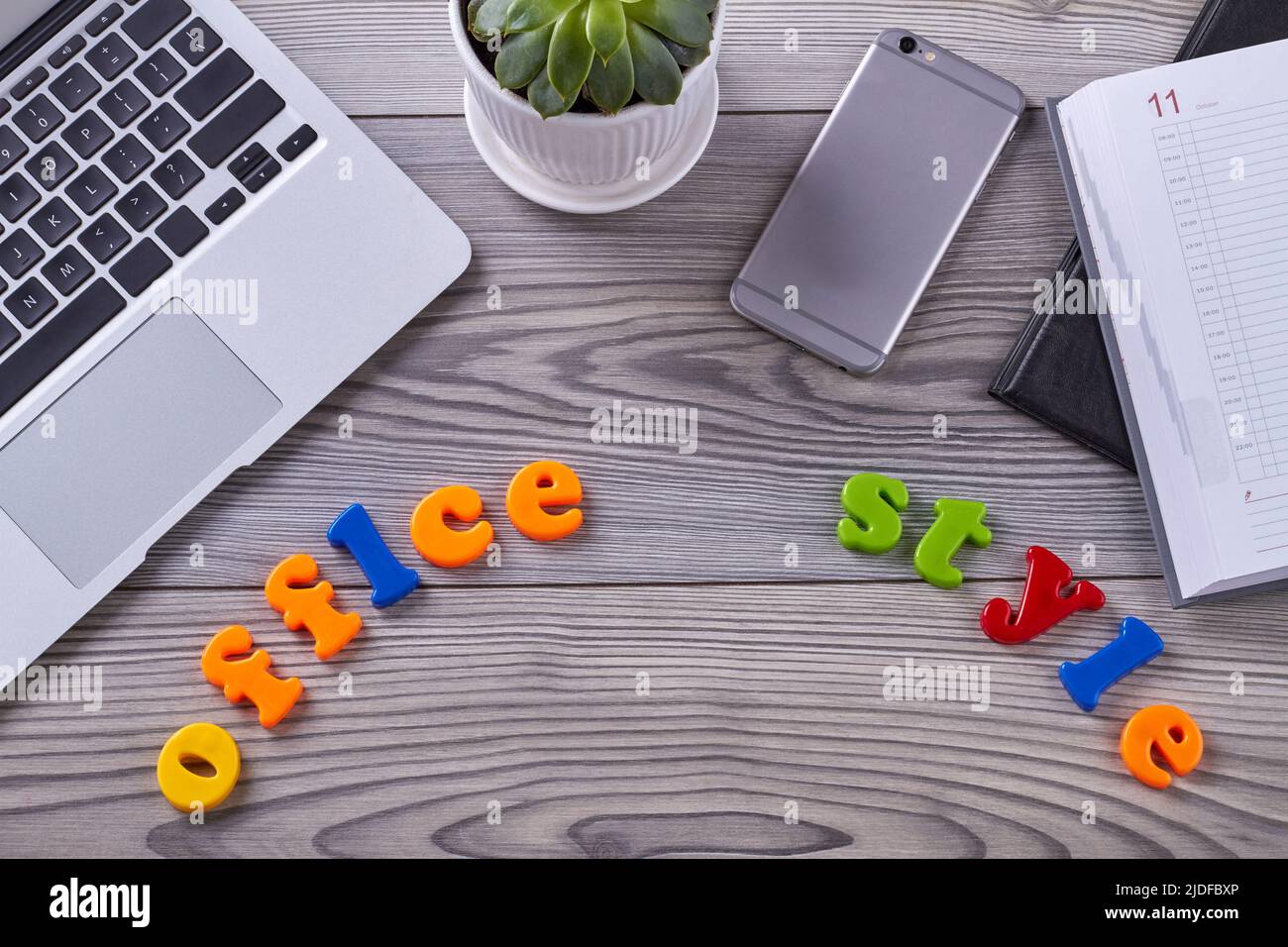 Top view office desk table with a lot of things. Office style concept ...