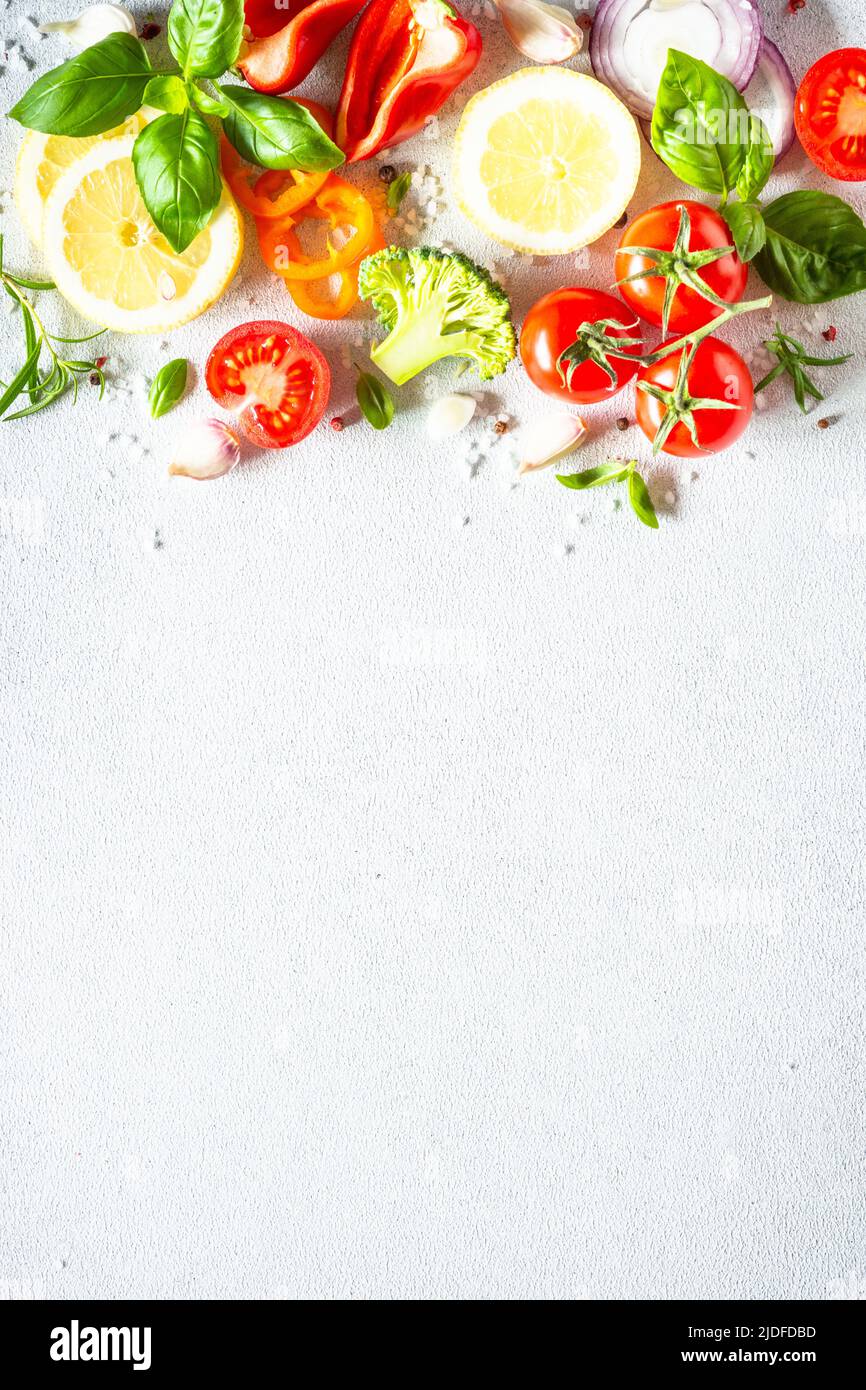 Food cooking background on white table Stock Photo - Alamy