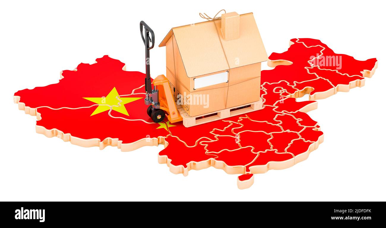 Residential moving service in China, concept. Hydraulic hand pallet ...