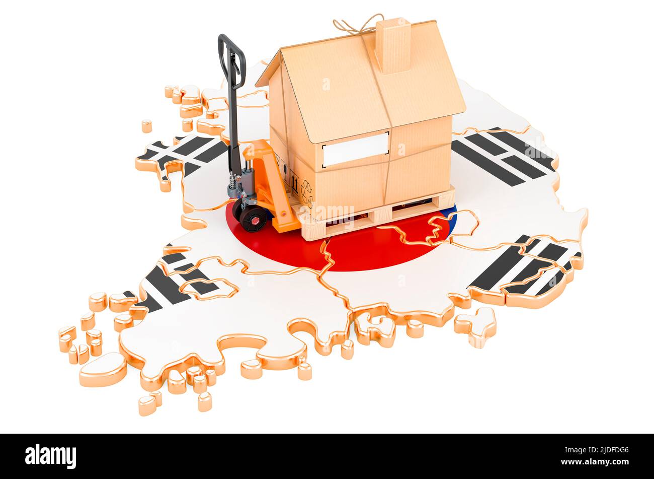 Residential moving service in South Korea, concept. Hydraulic hand ...