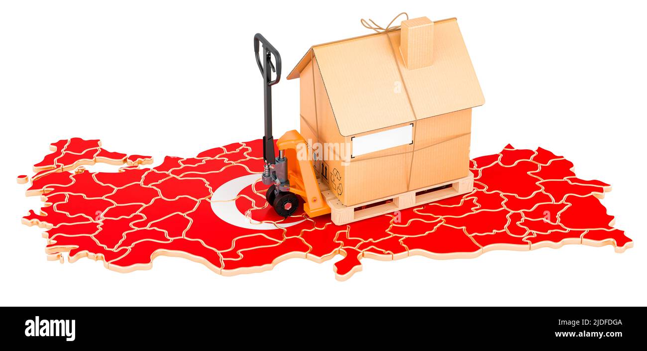 Residential moving service in Turkey, concept. Hydraulic hand pallet ...