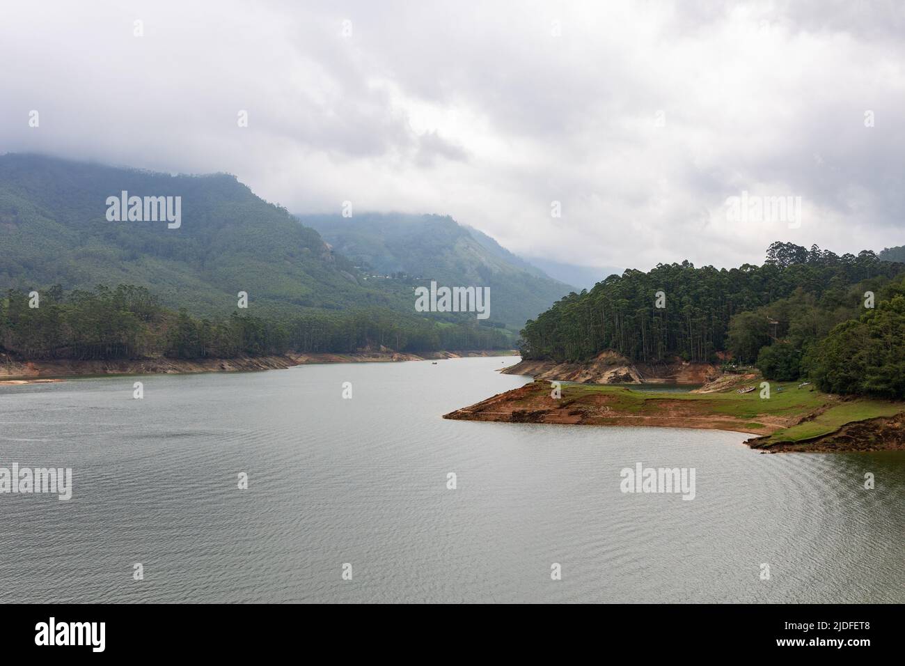 Scenic view of Mattupetty Dam Reservoir while traveling to Top Station, Munnar, Kerala, India ...