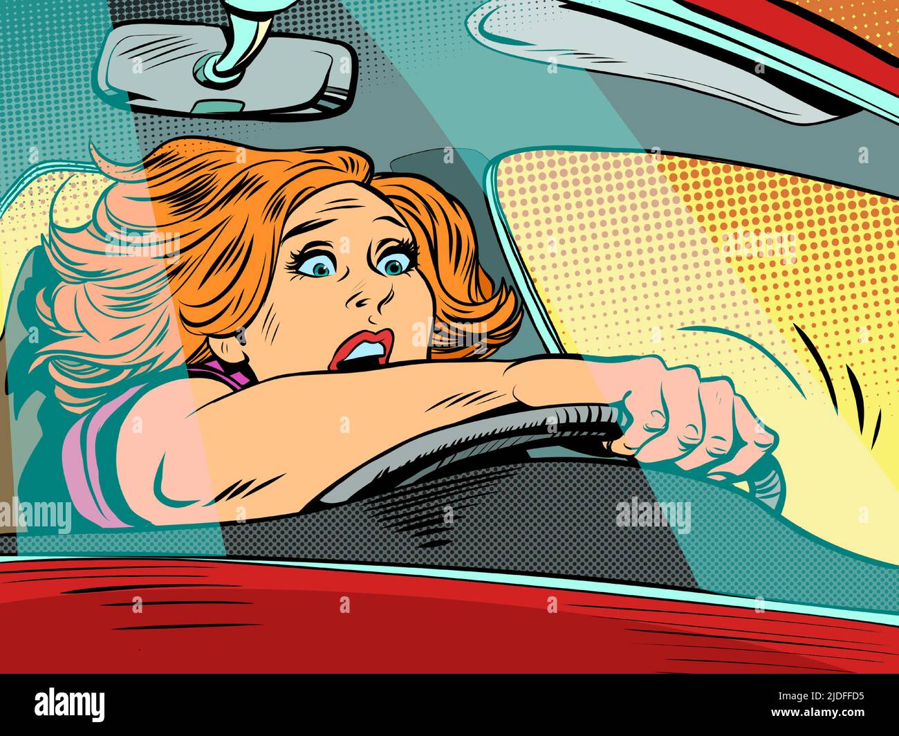 frightened woman driving, speed on the road. Emotions of the driver and ...