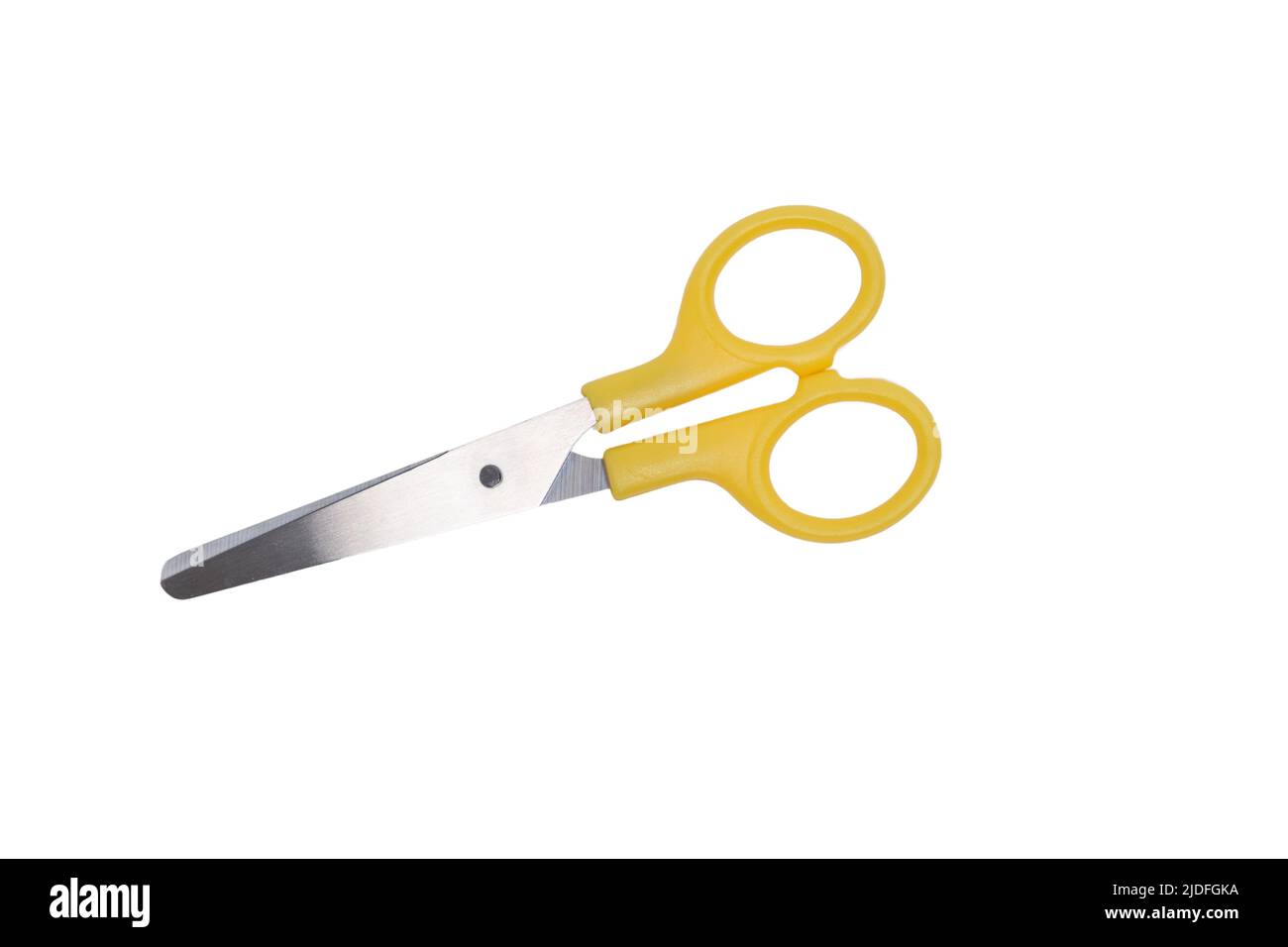 Paper cutting scissors with yellow handle on white background Stock ...