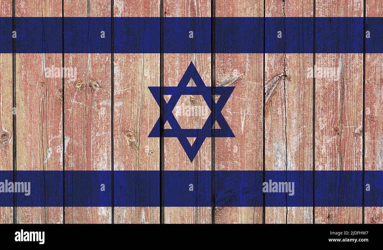 Top view of Old Painted Flag of Israel on Dark Wooden Fence, wall ...