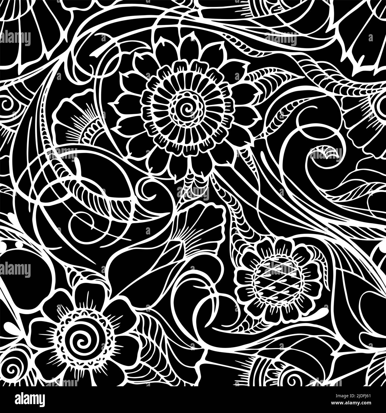 seamless floral pattern, oriental motifs, contour white floral pattern ...