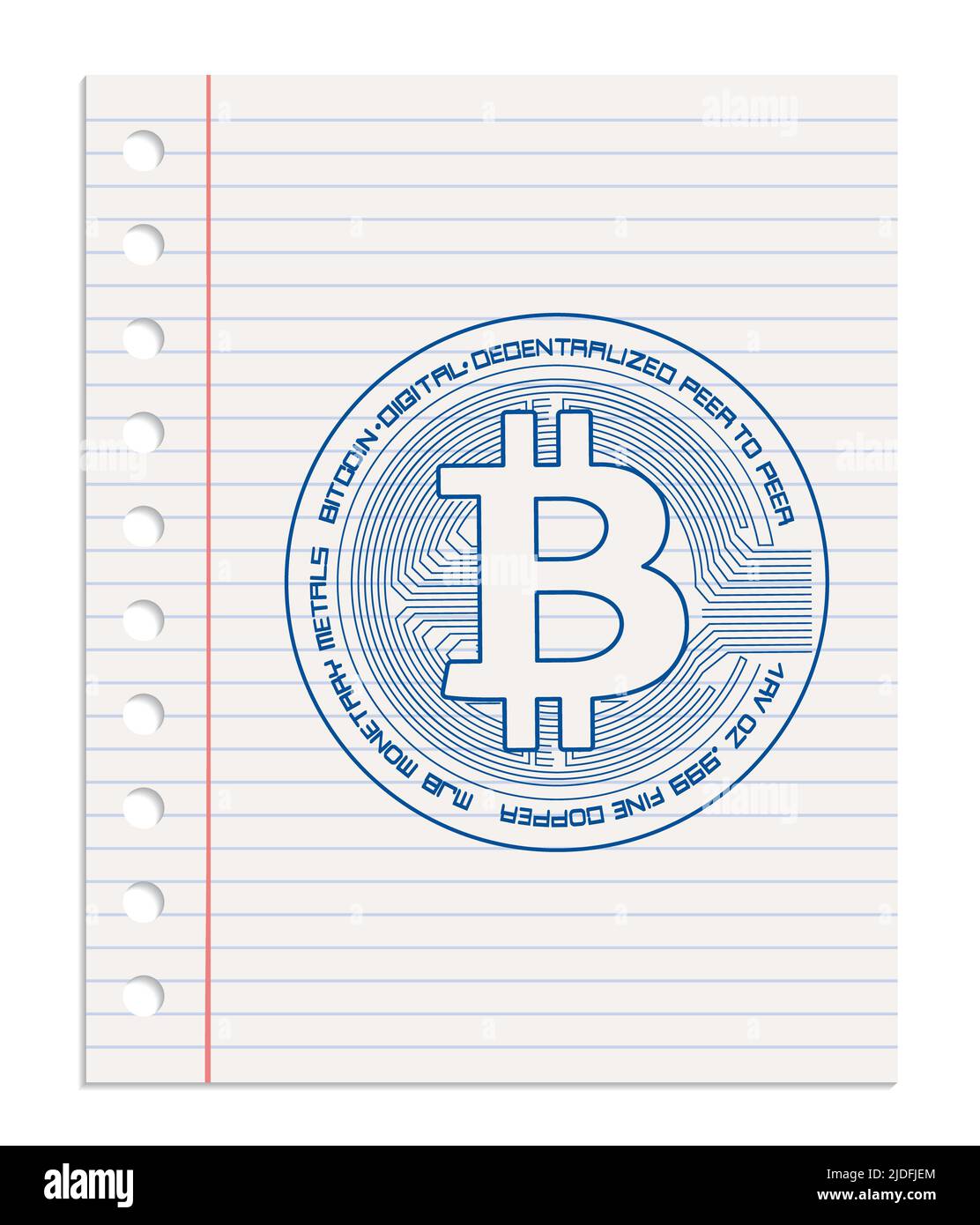 Bitcoin symbol, crypto currency icon, realistic sheet of lined paper ...