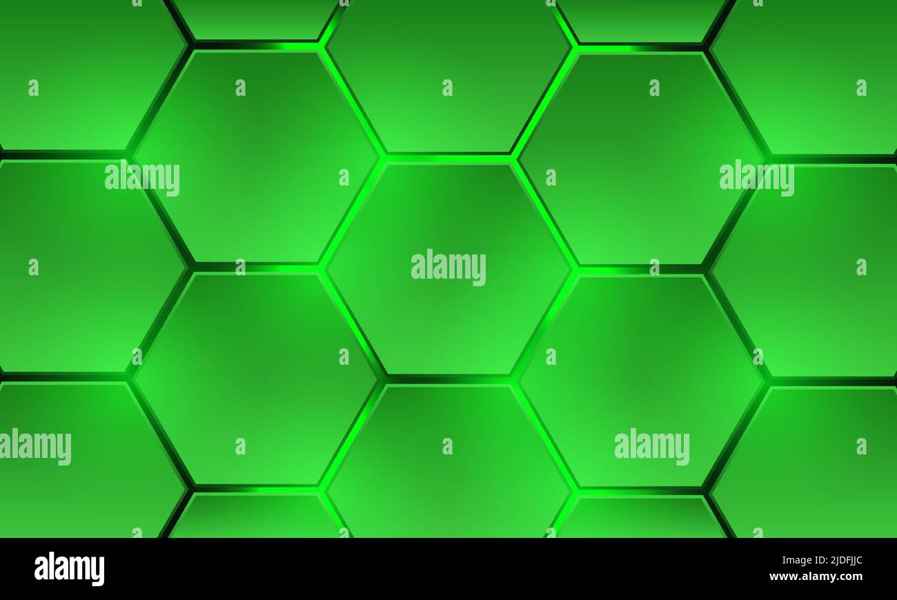 Green 3d hexagonal technology vector abstract background. Green bright energy flashes under ...