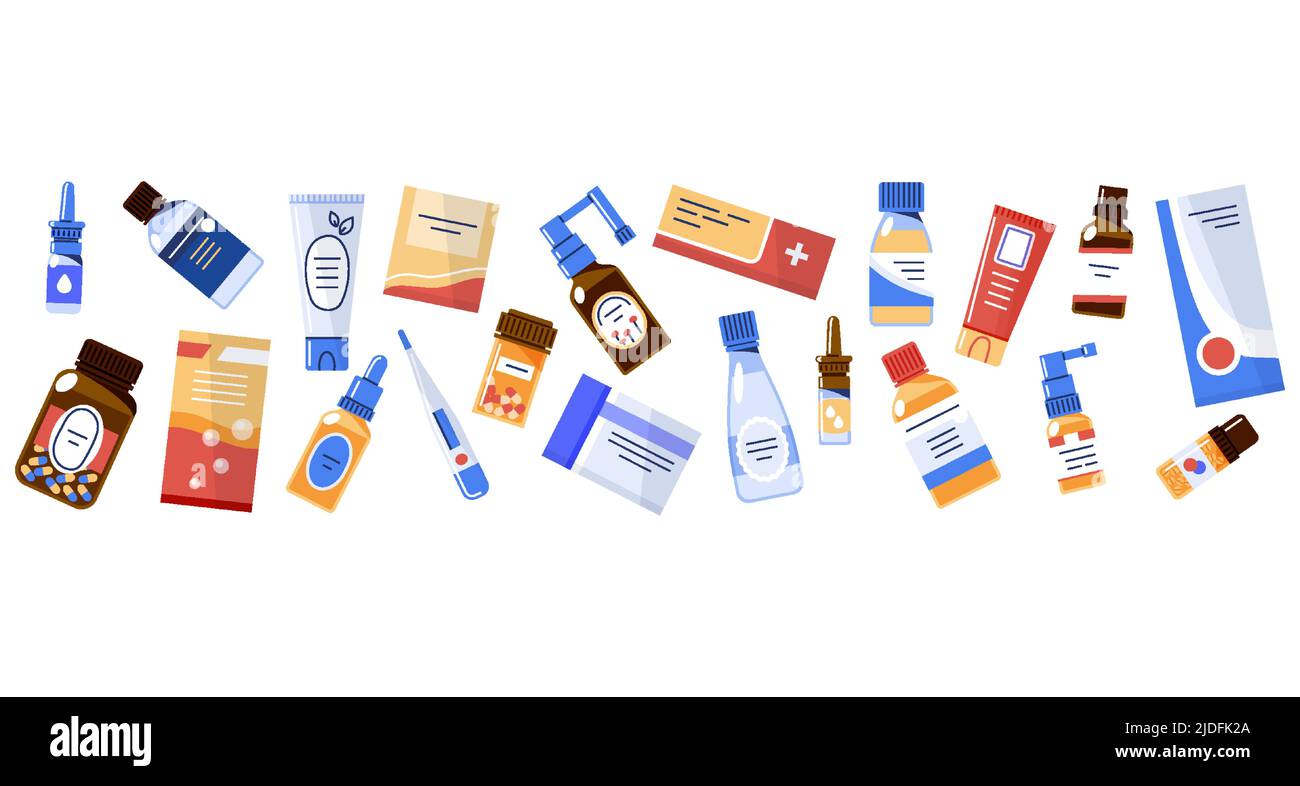 Long border with different medicines,pharmacy drugs.Vector illustration ...