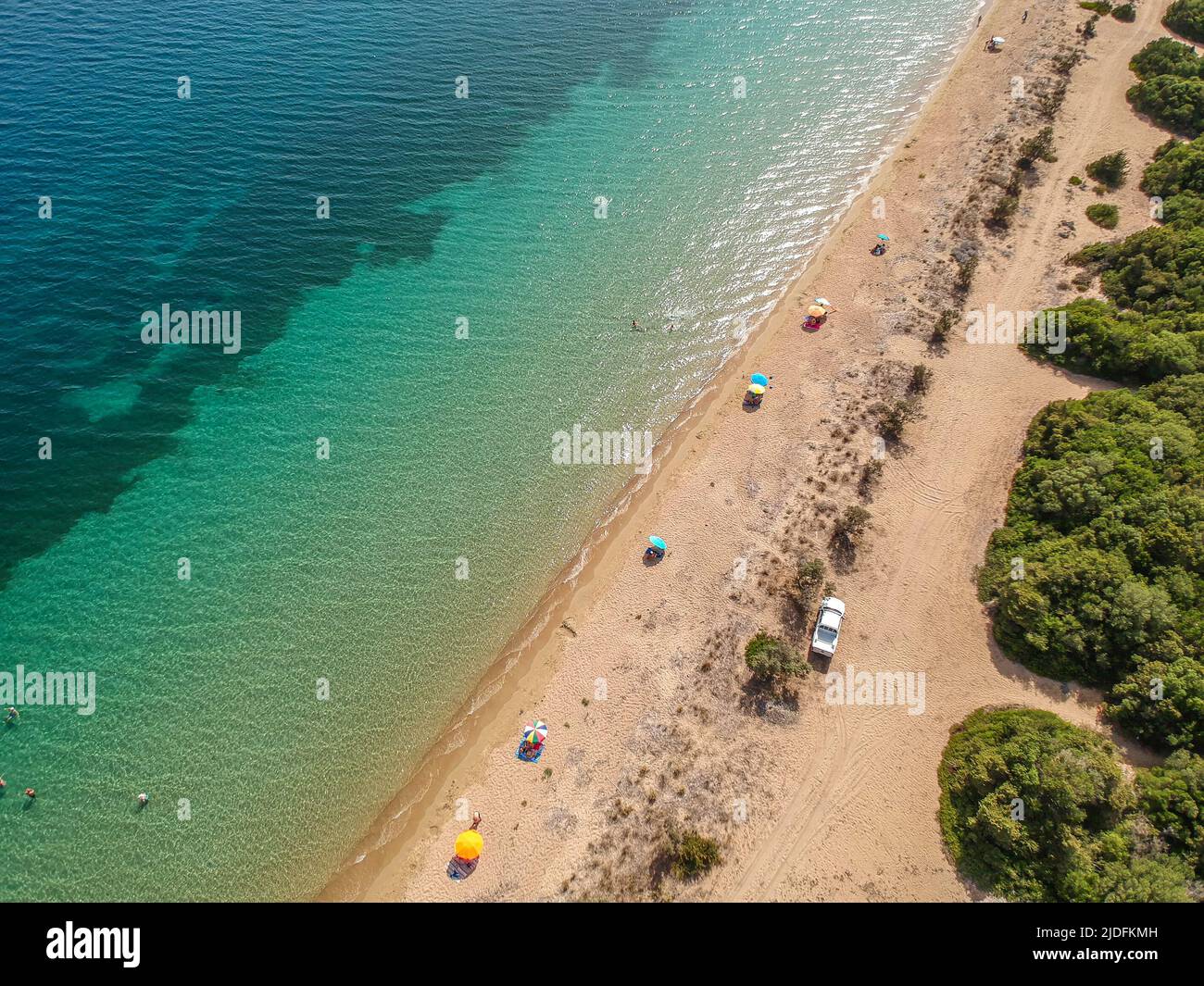 Panoramic aerial view over Divari beach near Navarino bay, Gialova. It ...