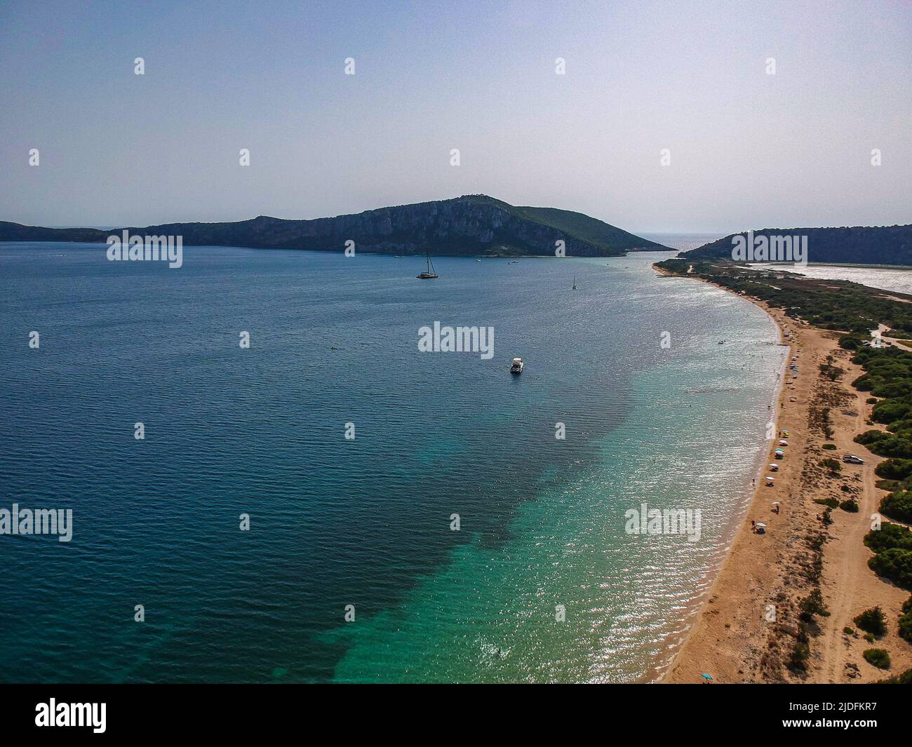 Panoramic aerial view over Divari beach near Navarino bay, Gialova. It ...