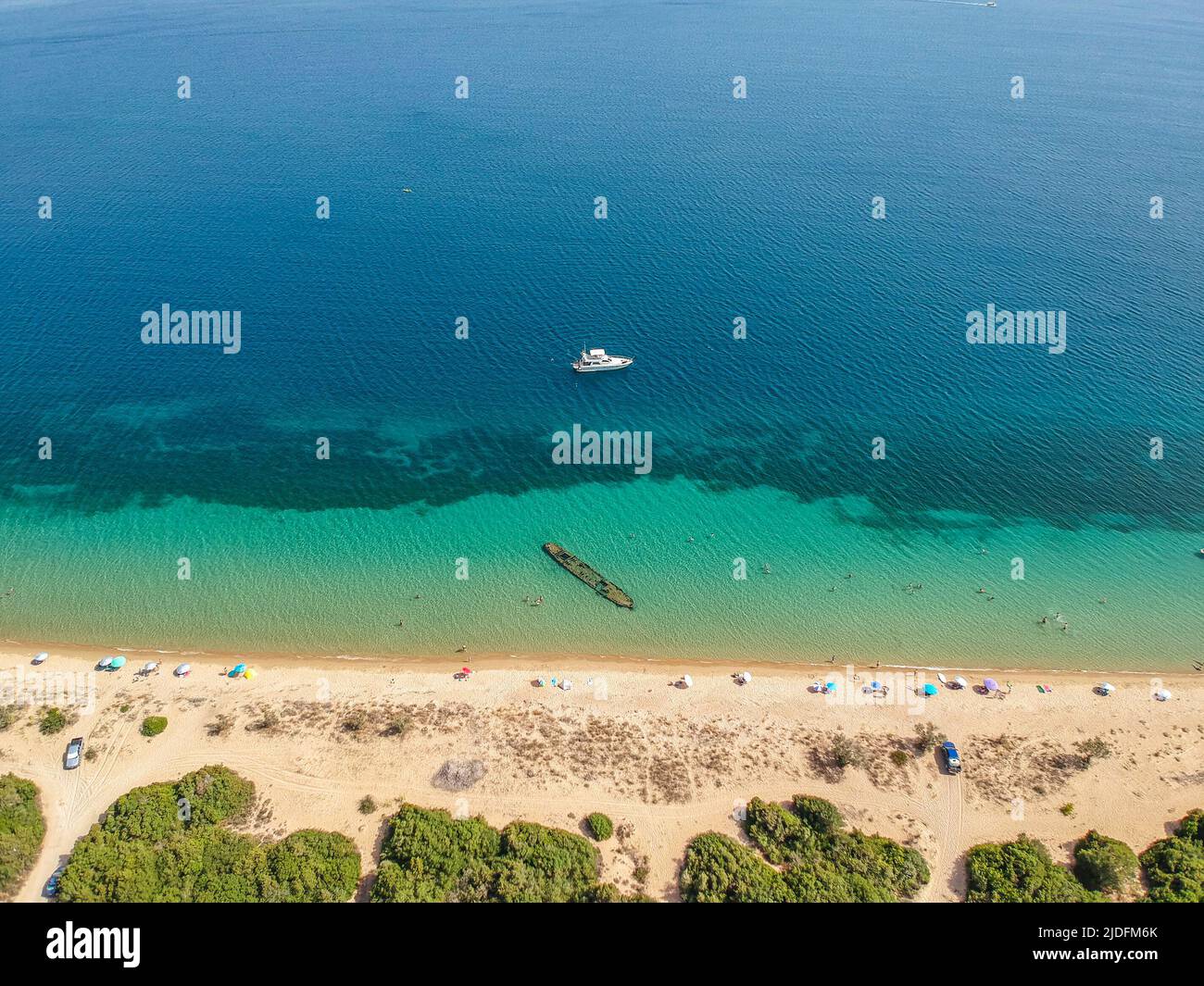 Panoramic aerial view over Divari beach near Navarino bay, Gialova. It ...