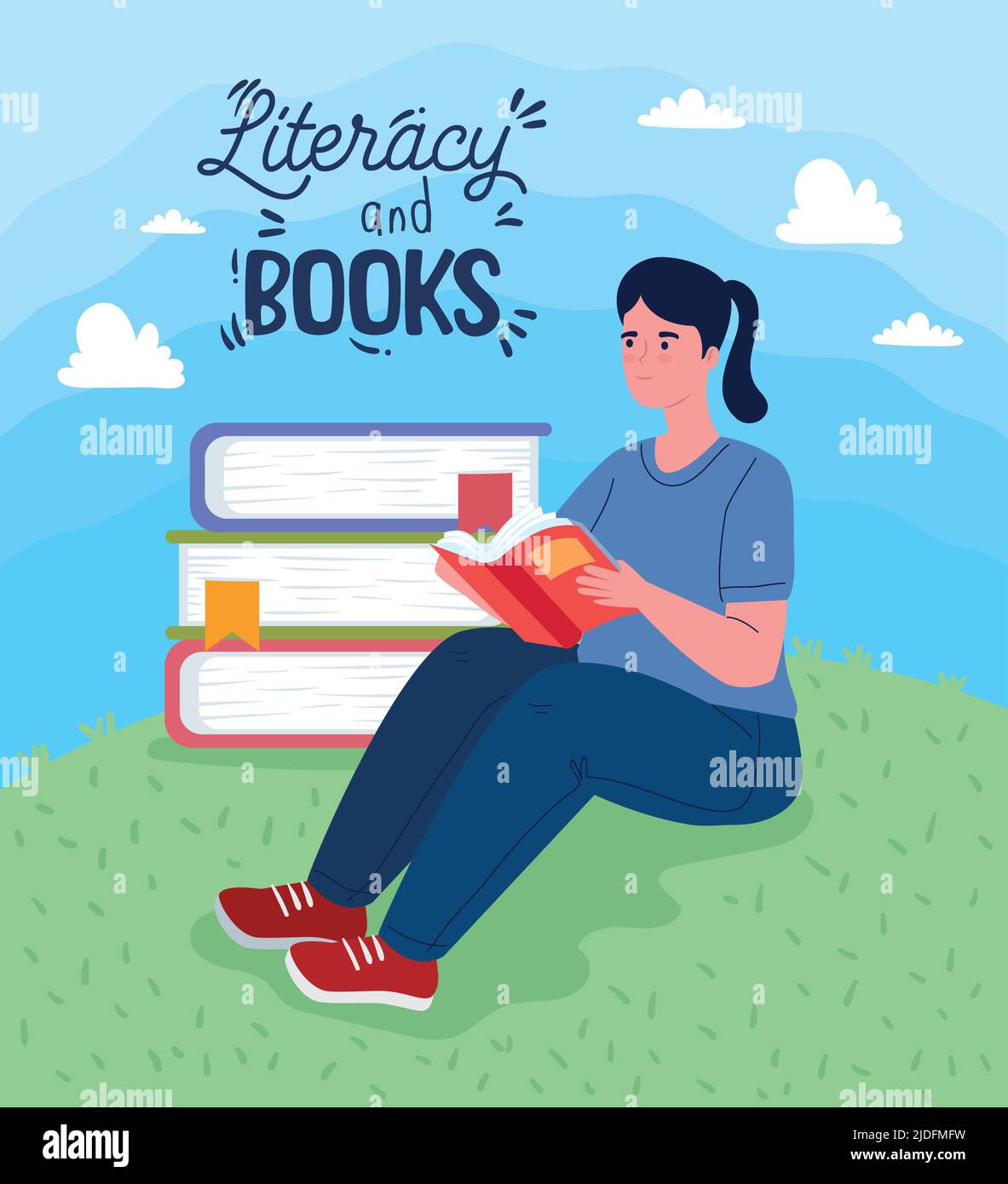 literacy and books lettering in landscape Stock Vector Image & Art - Alamy
