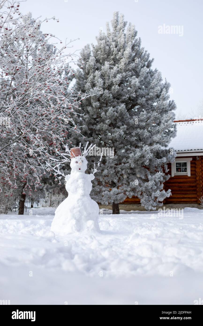 Hand made snow man outside on ground covered with snow with pine trees ...