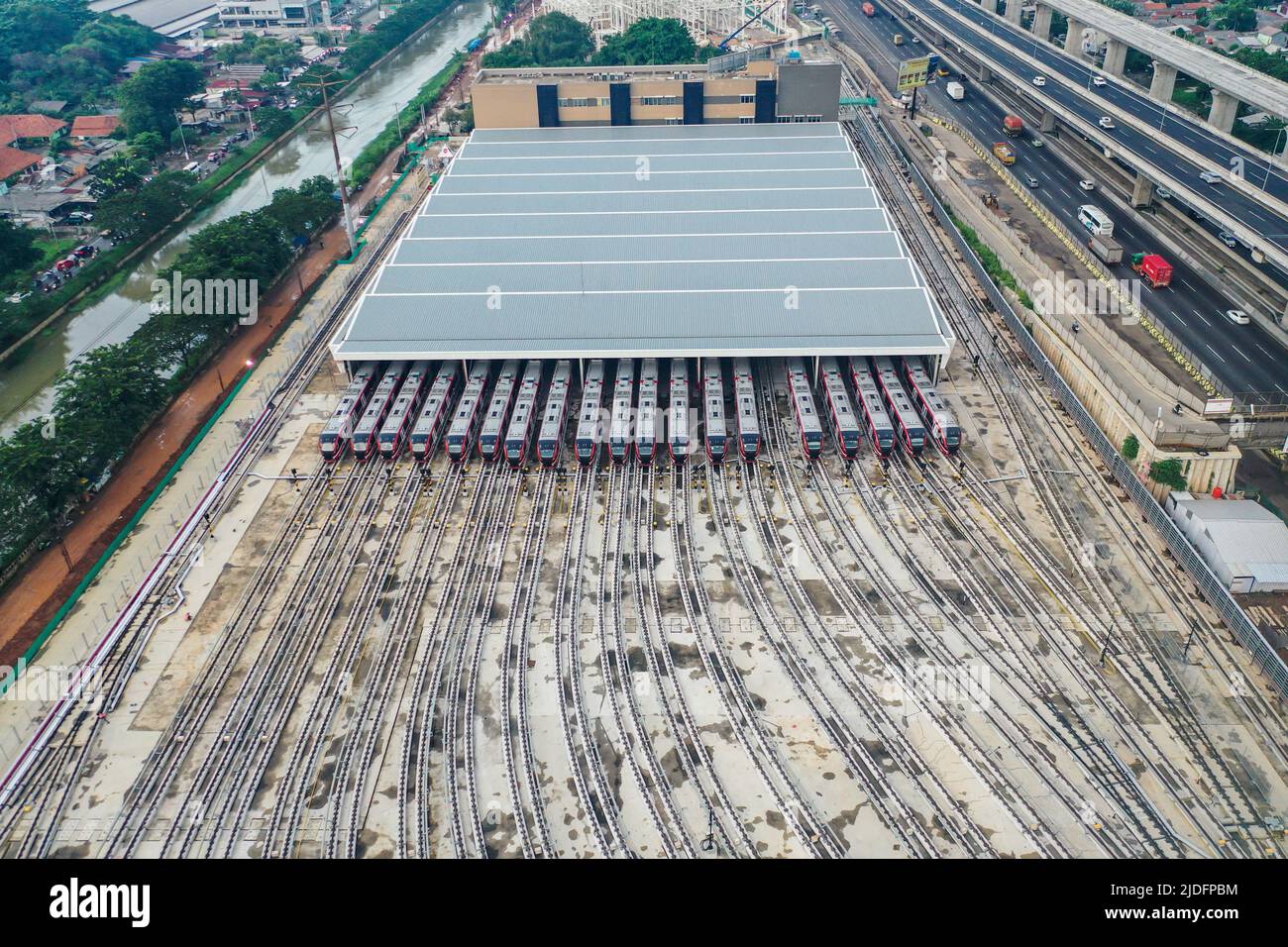 Aerial view of Jakarta LRT train trial run for phase 1 from Bekasi ...