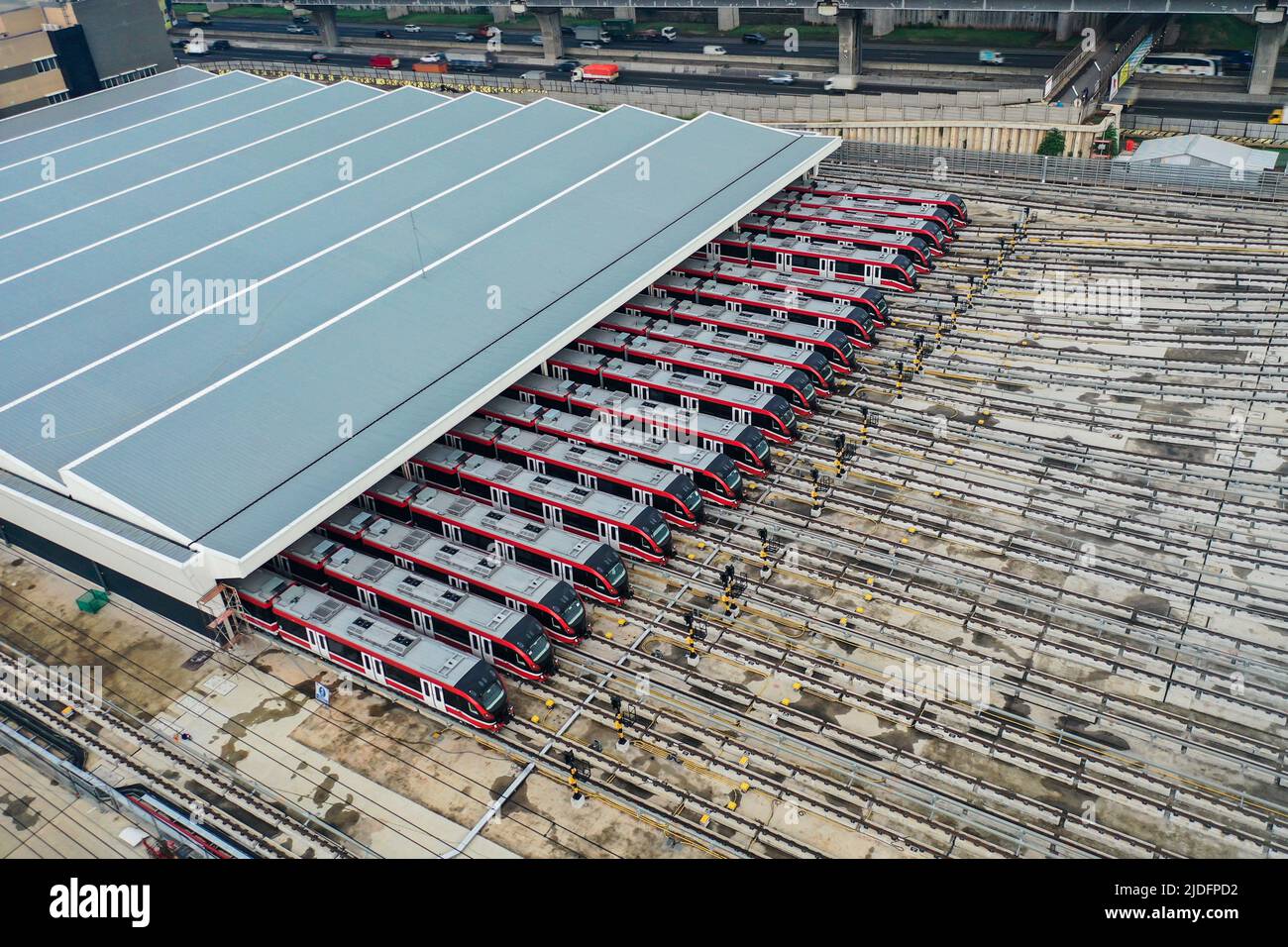 Aerial view of Jakarta LRT train trial run for phase 1 from Bekasi ...