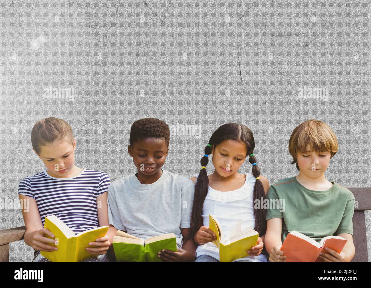 Group of diverse students reading books against textured grey ...