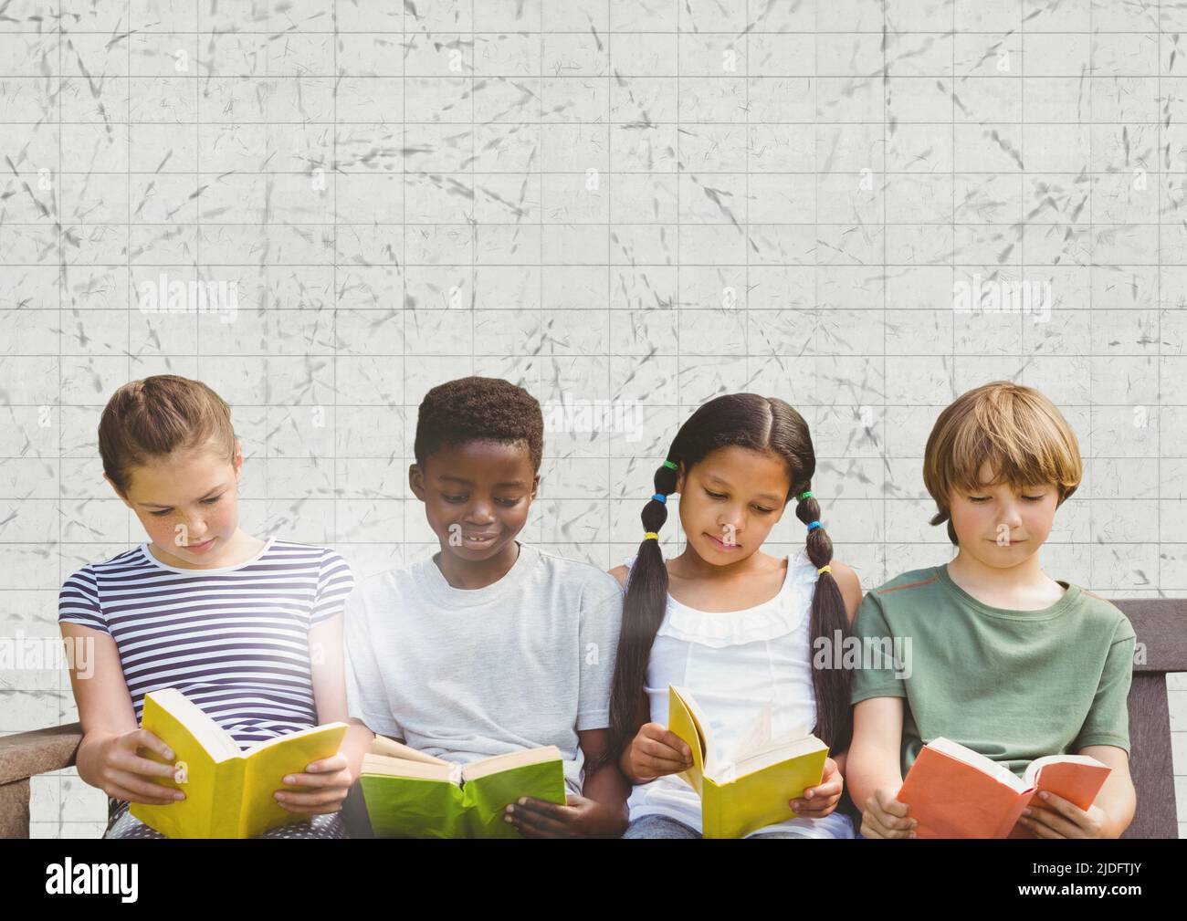 Group of diverse students reading books against textured white lined ...