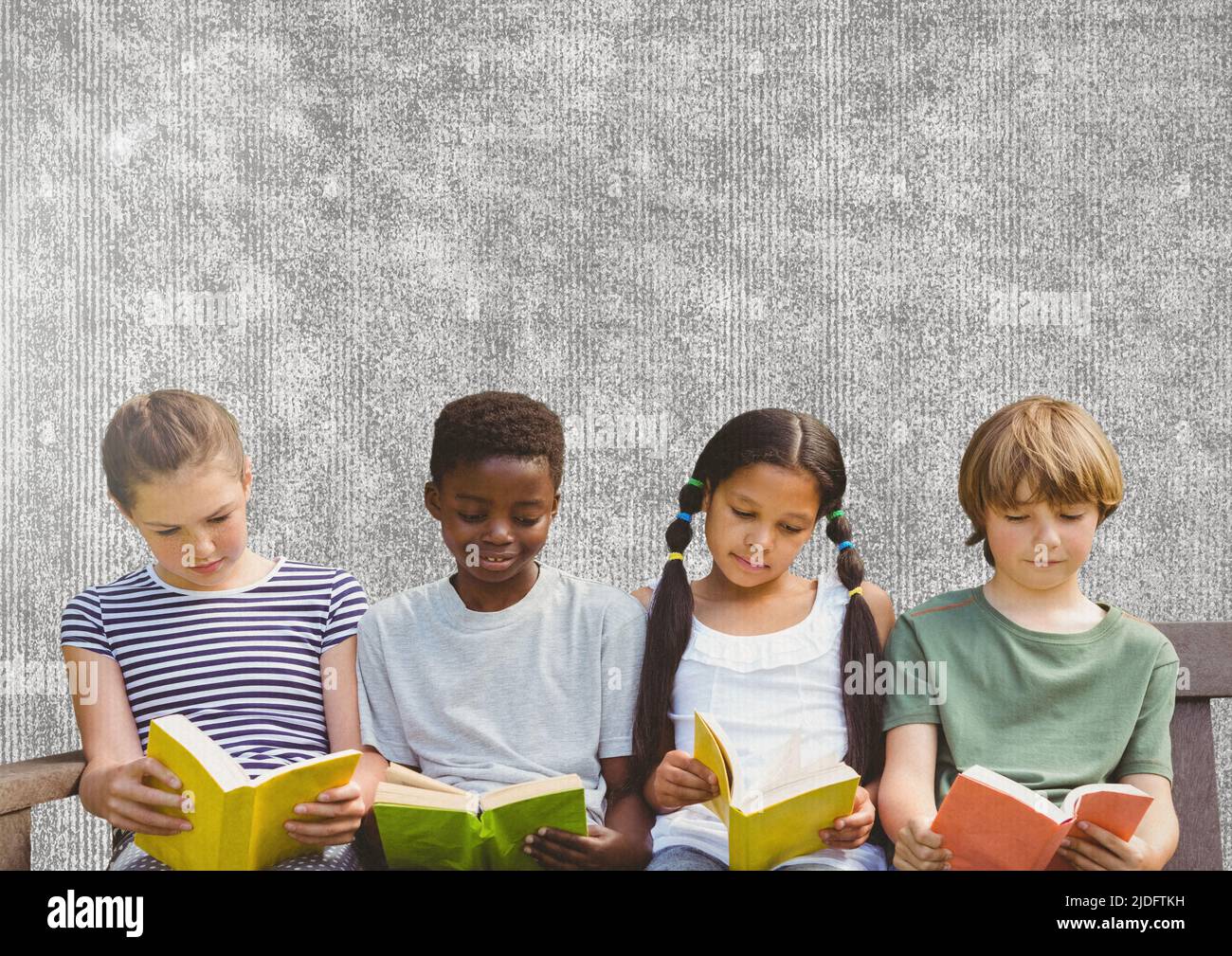 Group of diverse students reading books against textured grey ...