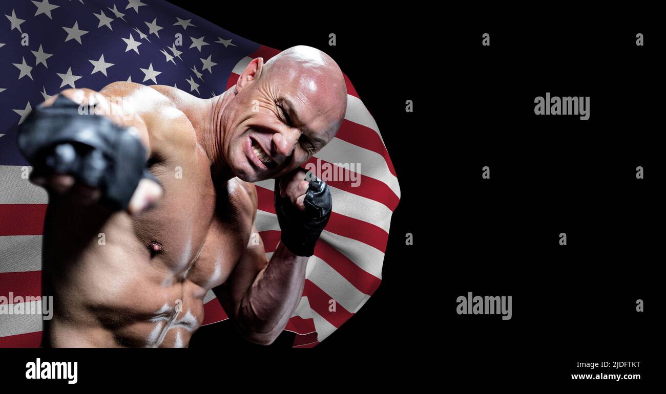 Caucasian male boxer against waving american flag with copy space on ...