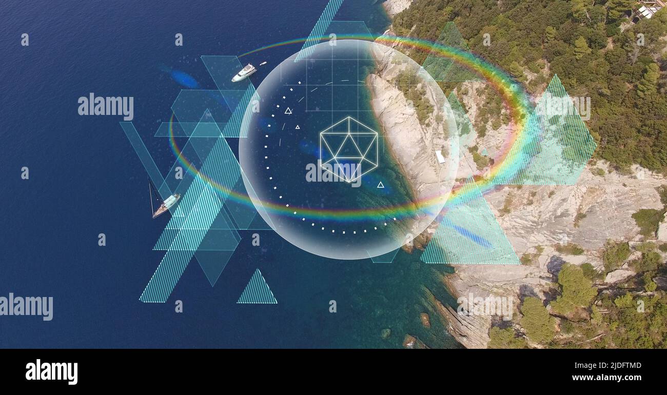 Abstract geometric shapes and rainbow flare over aerial view of a ...