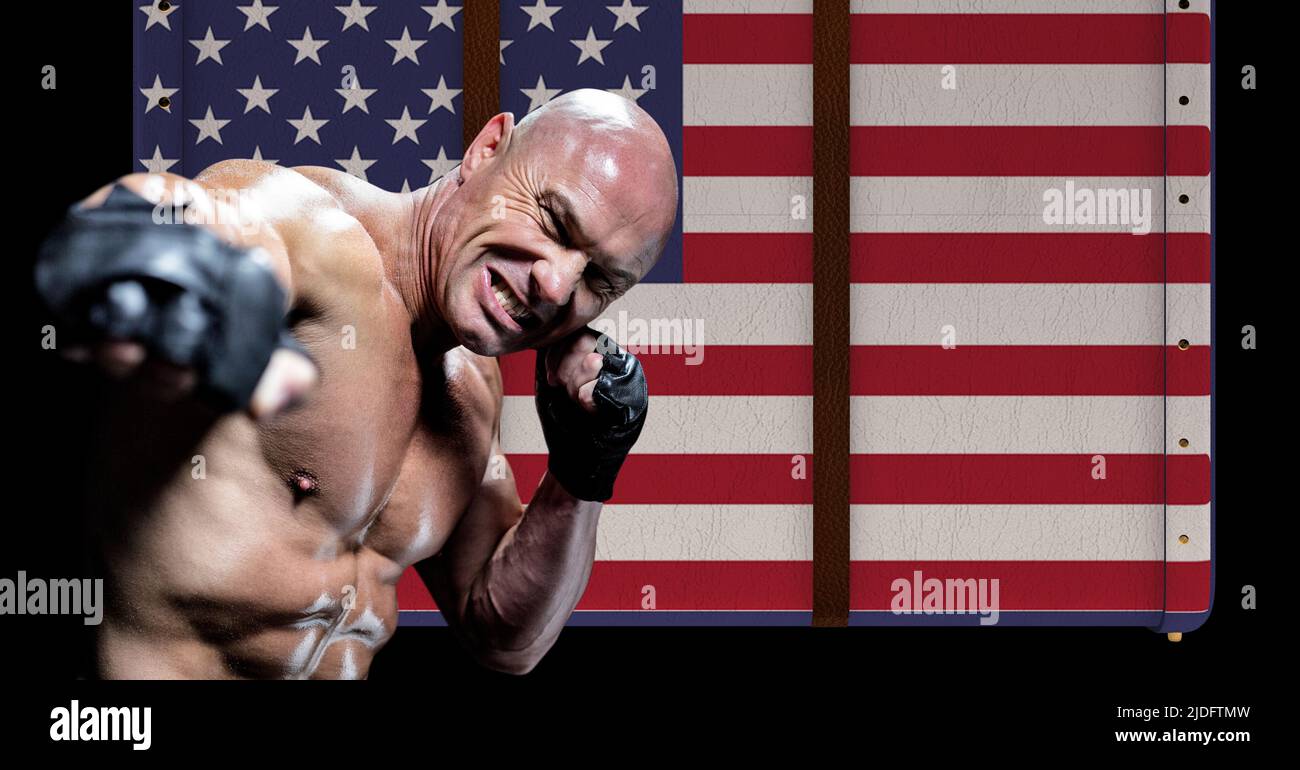 Caucasian male boxer against american flag design on suitcase with copy ...