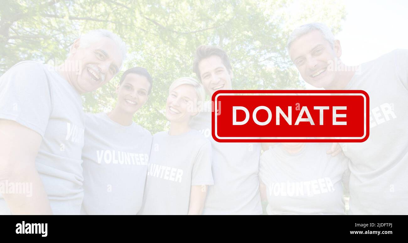 Portrait of cheerful caucasian multigeneration volunteers against trees ...