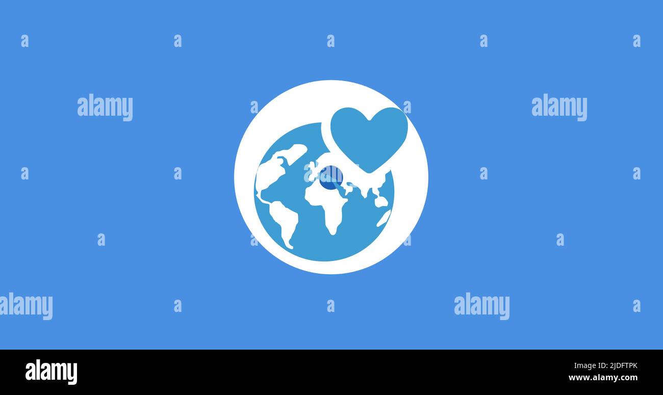 Illustration of blue earth with heart shape in white circle against ...