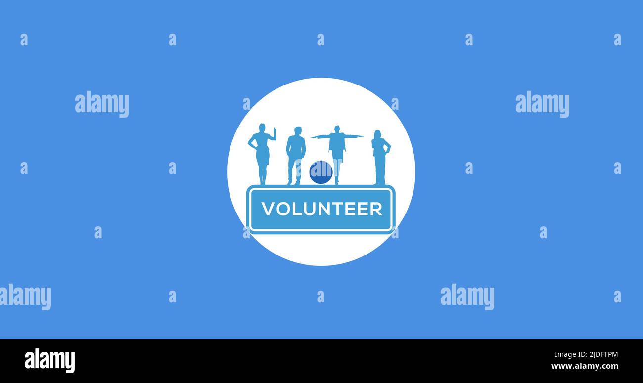 Illustration of people with volunteer text in white circle against blue ...
