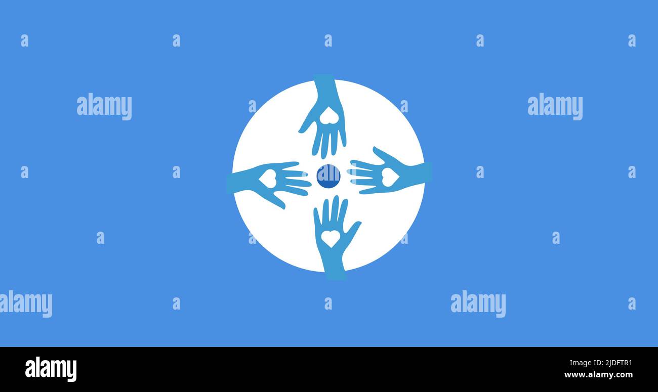 Illustration of blue hands with heart shapes in white circle over blue ...