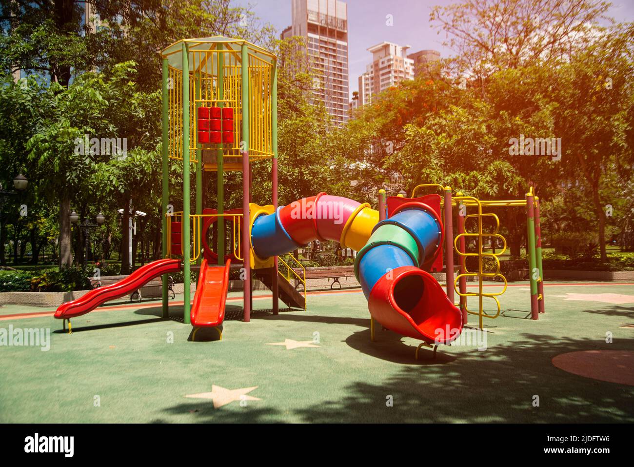 Colorful playground made of plastic empty outdoor playground set ...