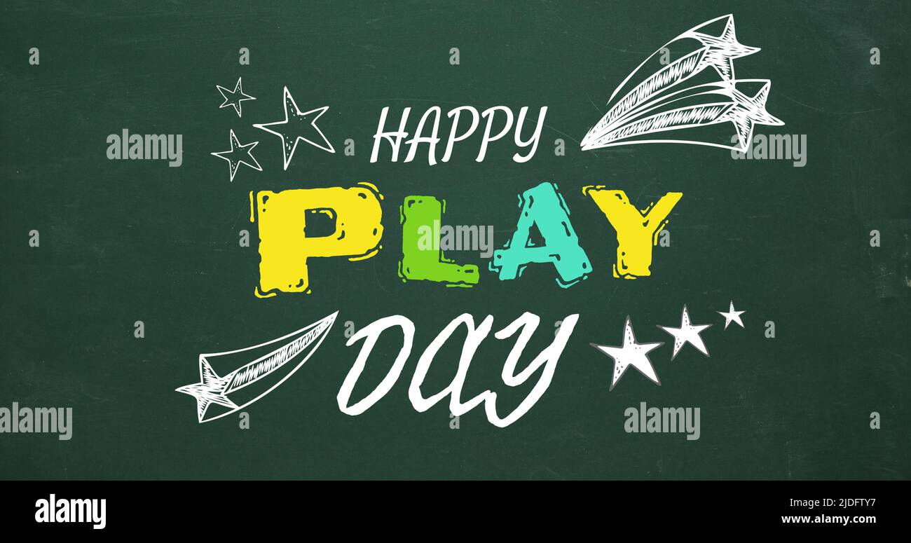 Illustration of happy play day text with star patterns over green ...