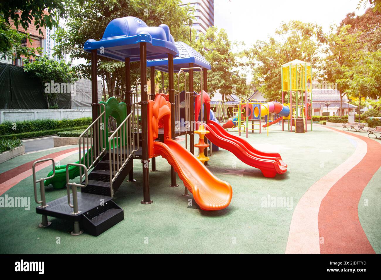 Colorful playground made of plastic empty outdoor playground set ...