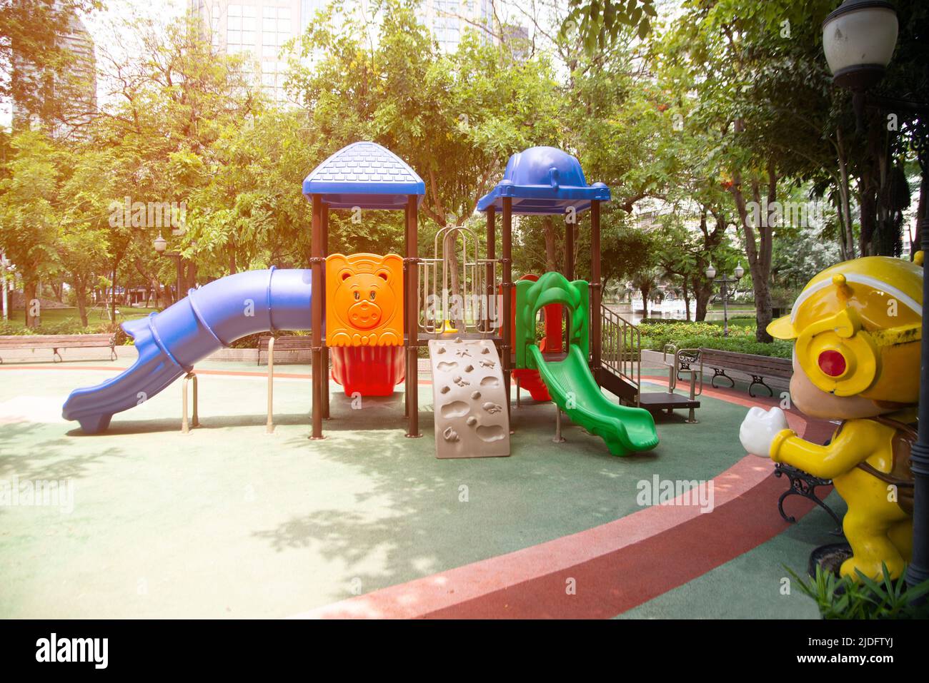 Colorful playground made of plastic empty outdoor playground set ...
