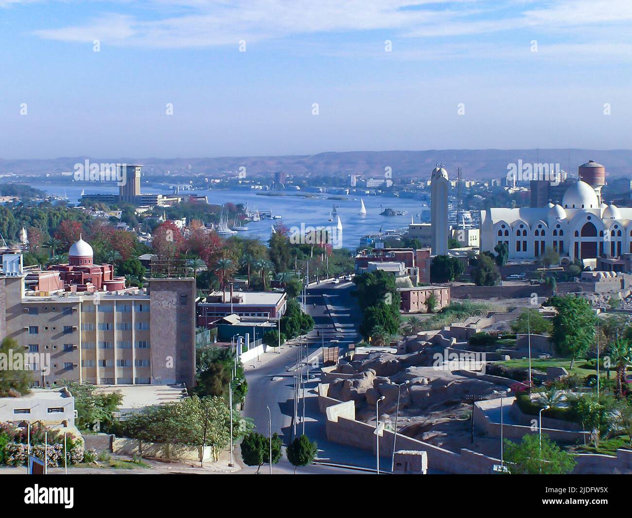 Aswan city with its modern and aged buiildings, houses, cathedral ...