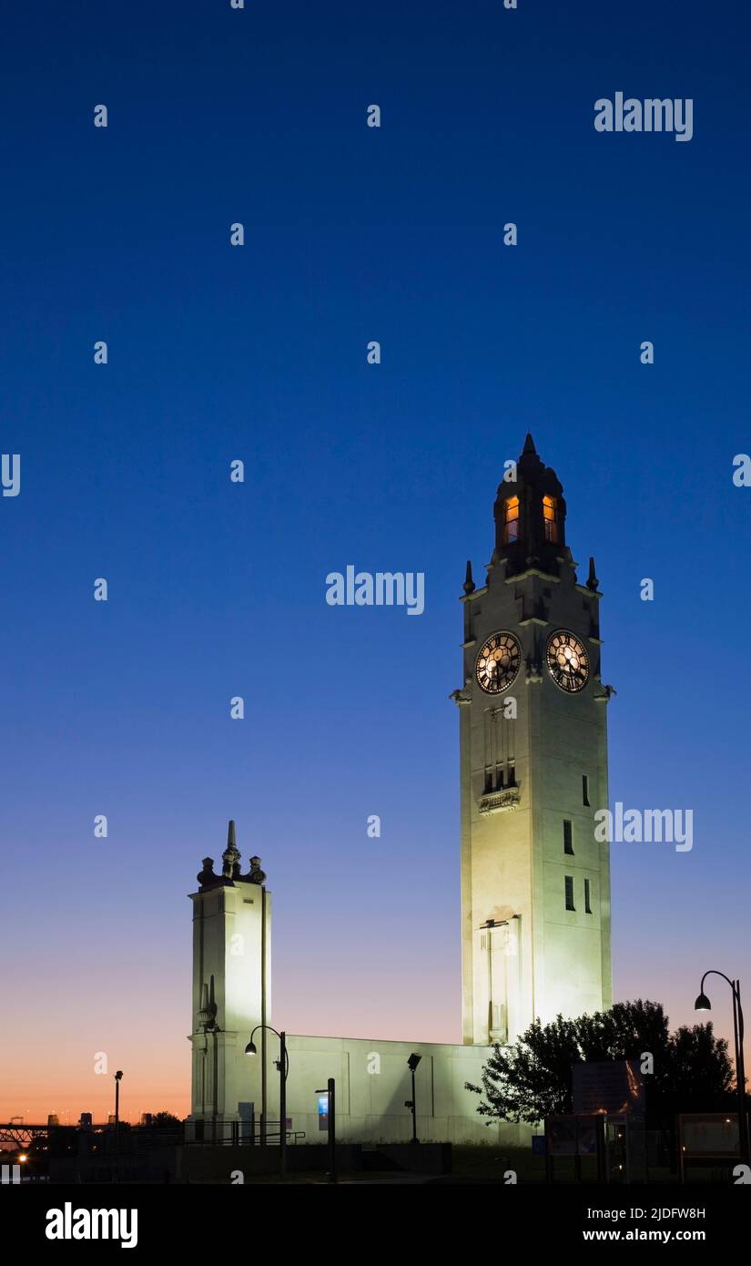 Clock Tower illuminated at dawn, Victoria Pier, Old Port of Montreal ...