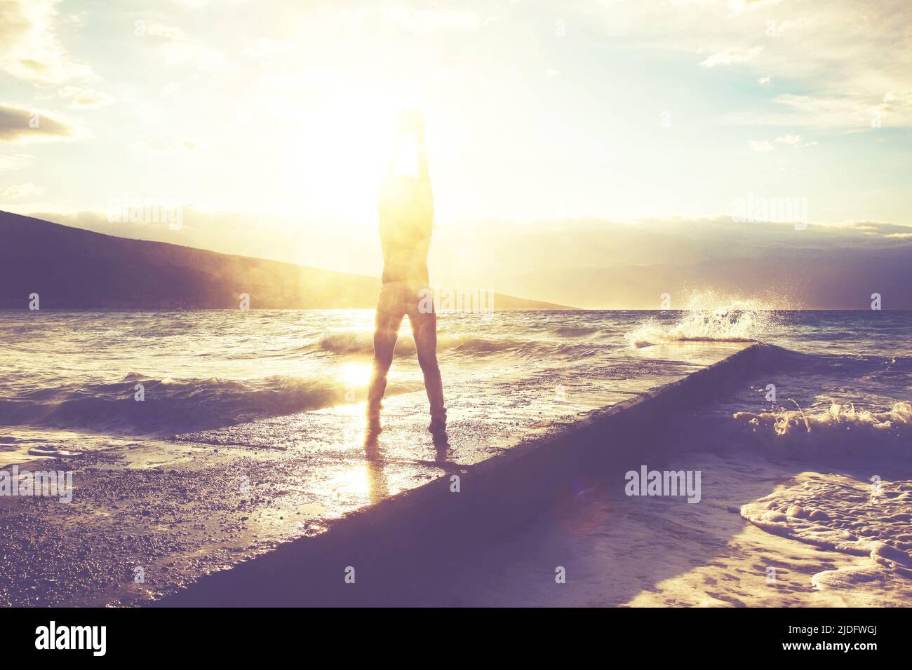 Feeling of freedom concept. Woman jump on pier facing to the sea with ...