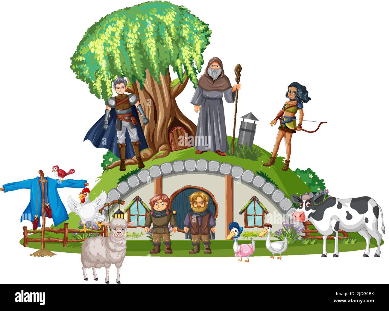 Magic land with medieval cartoon characters illustration Stock Vector ...