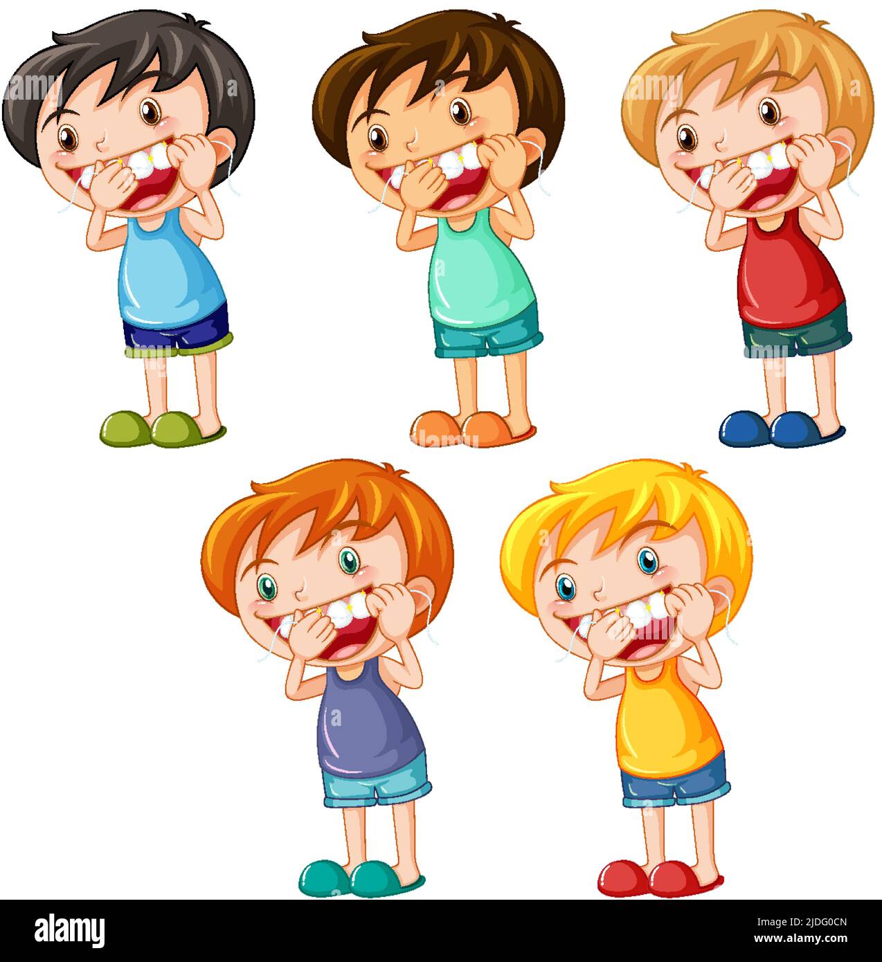 Set of cute kids cartoon character flossing teeth illustration Stock ...