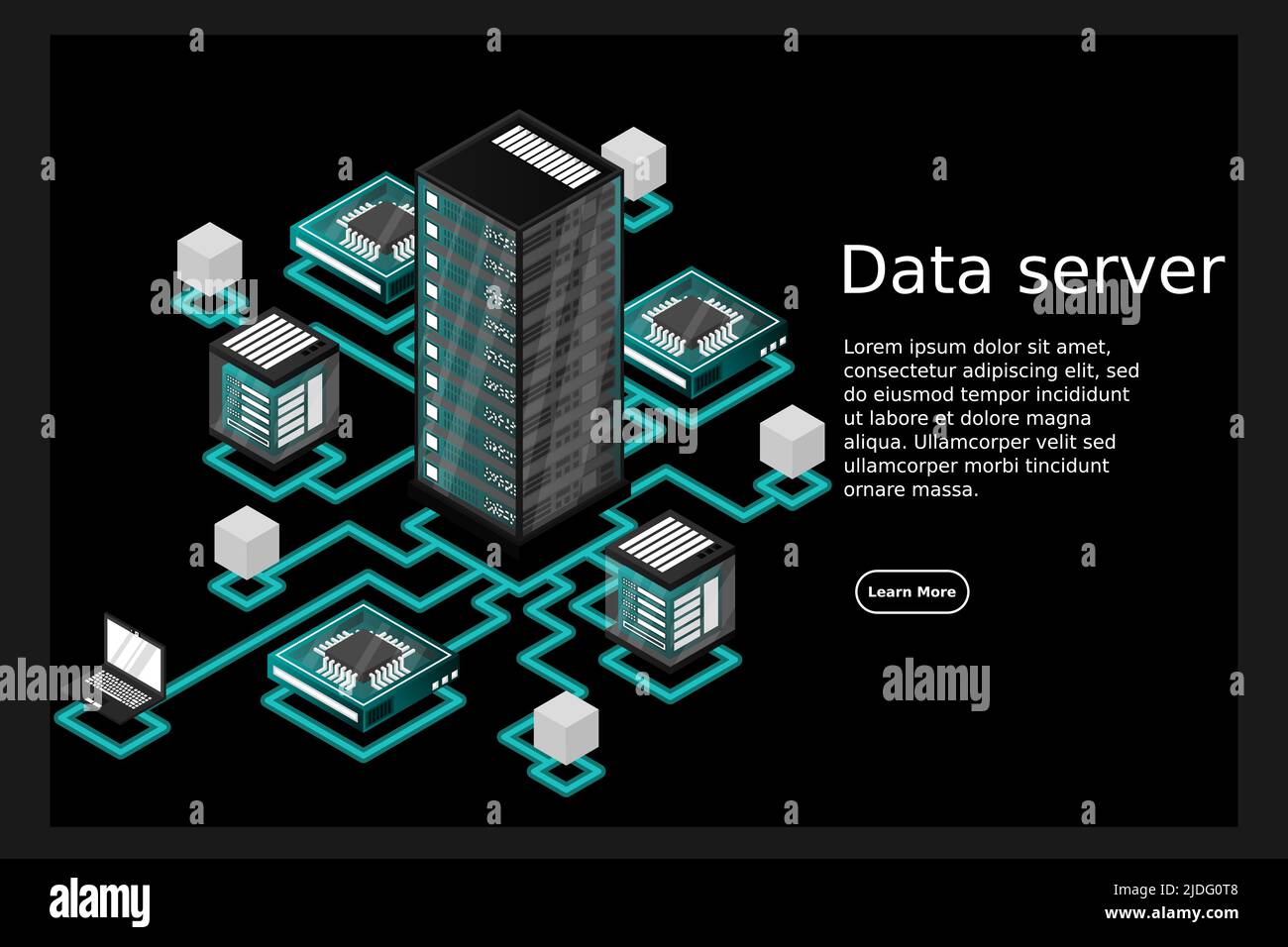 Concept of data network management .Vector isometric map with business networking servers ...